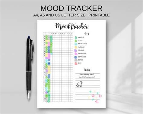 Digital Mood Tracker Pdf Printable Yearly Mood In Pixels Feelings Anxiety Journal Stress