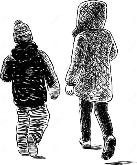 Dibujo A Mano Libre De Niños Pequeños Caminando Juntos Al Aire Libre