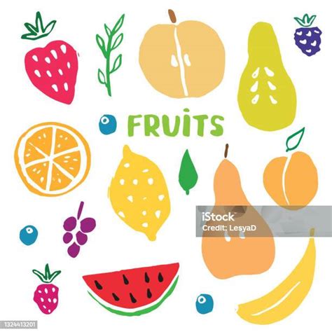 과일 세트 육즙 과일 사과 배 딸기 오렌지 슬라이스 복숭아 매실 바나나 수박 파파야 포도 레몬 과 열매의 컬렉션 벡터 일러스트레이션 예술에 대한 스톡 벡터 아트 및 기타