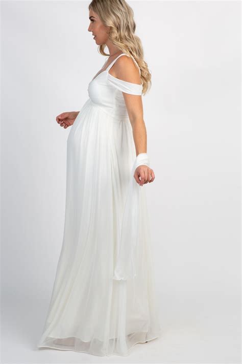 White Chiffon Cold Shoulder Maternity Evening Gown Pinkblush