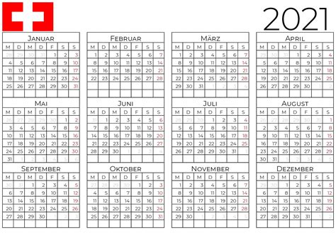 Kalender 2021 Schweiz Zum Ausdrucken Als PDF