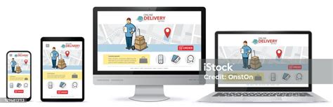 온라인 쇼핑 앱 및 모바일 웹 사이트를 위한 반응형 디자인 템플릿입니다 스마트 폰 태블릿 Pc 컴퓨터 모니터 및 노트북 컴퓨터에서 온라인 배달 서비스 벡터 Ui 웹페이지에