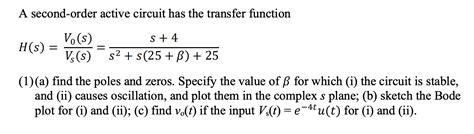 Solved A Second Order Active Circuit Has The Transfer