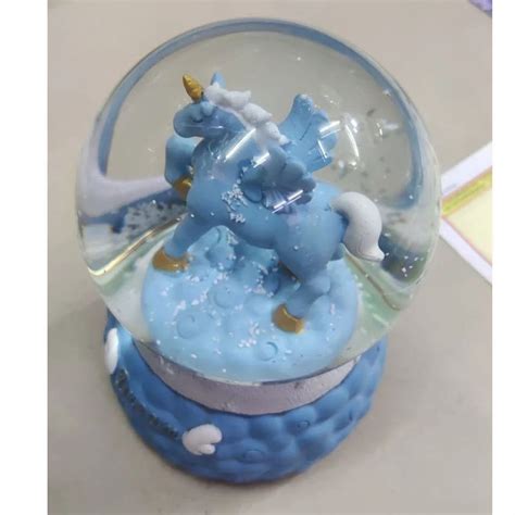 Ceramic And Glass Blue Base Unicorn Snow Globe Showpiece For Used For Decoration Size 7inch