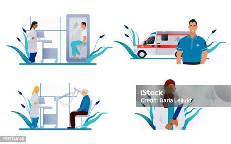 현대 평면 의료 보험 삽화 세트입니다 폐활량 측정 및 혈량측정 In Medical Office Ambulance