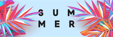 여름 배너입니다 배경 야자수는 그라데이션 색상의 가지를 남깁니다 3d 개체 형광 그늘이 있는 포스터 웹사이트 벡터 일러스트