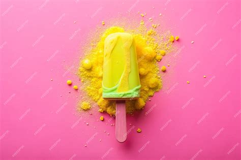 Summer Creative Layout With Ice Cream Popsicle And Neon Yellow Paint