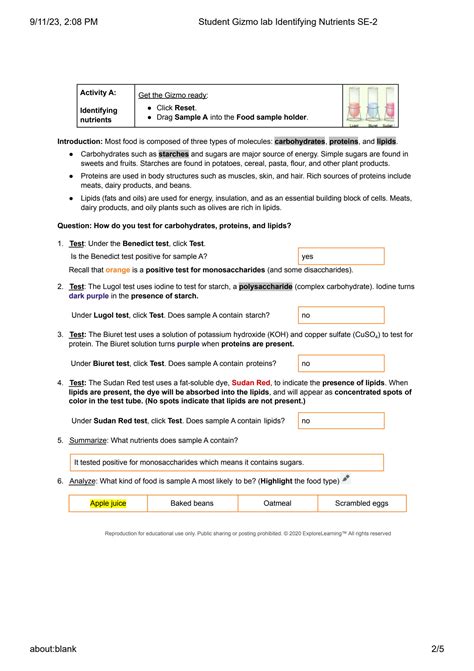 Solution Student Gizmo Lab Identifying Nutrients Se 2 Studypool