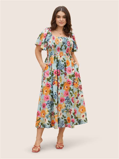 Floral Backless Shirred Square Neck Pocket Ruffle Hem Dress Bloomchic
