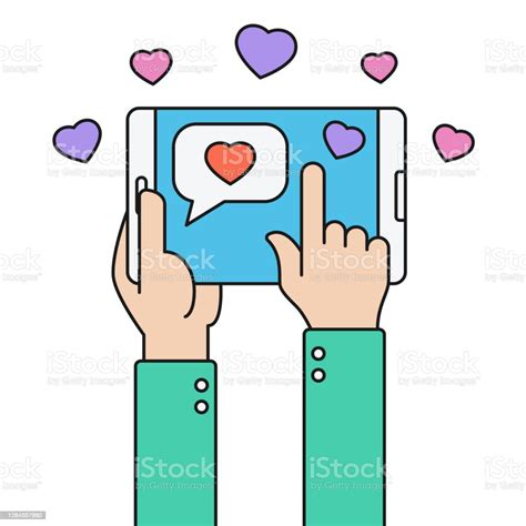 흰색 배경에 고립 된 하트 컬러 일러스트와 태블릿을 들고 인간의 손 웹 및 Ui용 검정 스트로크로 플랫 벡터 일러스트레이션을