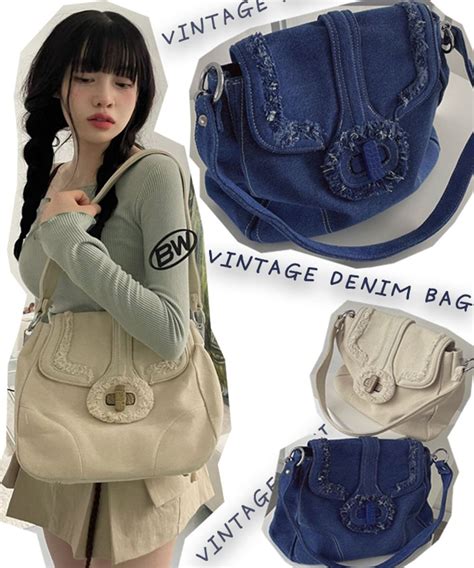 빈티지 데님 프린지 버클 숄더백 2color 에이블리