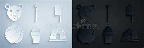 Set Ice Cream Firework Rocket Beach Ball Circus Tent Magic Wand And Bear Head Icon Vector