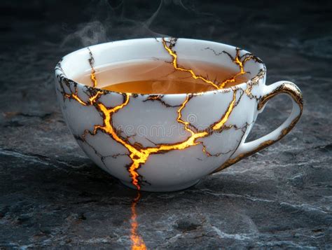 Kintsugi Tea Cup With Golden Cracks Filled With Hot Tea Stock