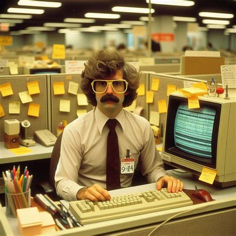 Ibm Employee In 1984 Mustache Short Sleeve Shirt Big Plastic Glasses Wavy Hair Poor Flash