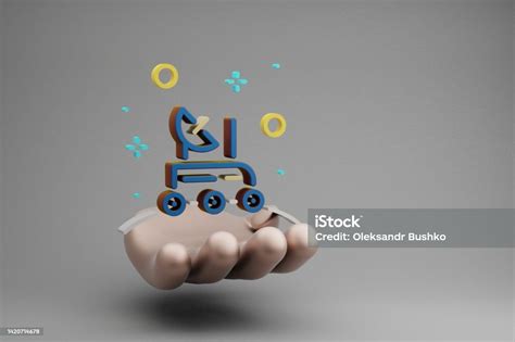 아름다운 추상적 인 삽화 회색 배경에 황금 손 홀딩 로버와 위성 기호 아이콘 3d 렌더링 그림 우주 탐사 0명에 대한 스톡 사진 및 기타 이미지 Istock