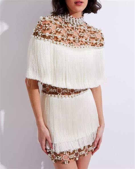 Hand Beaded Pearl And Fringe Mini Dress Runway By Patbo Mini Dress