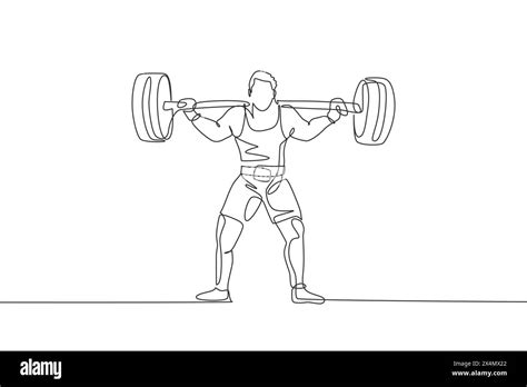 Single Continuous Line Drawing Of Young Strong Weightlifter Man
