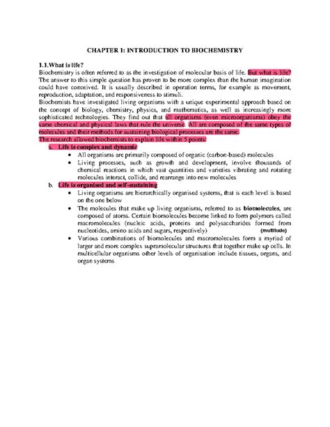 Chapter 1 Notes Intro To Biochemistry CHAPTER 1 INTRODUCTION TO BIOCHEMISTRY 1 Is Life