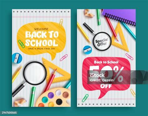 학교 텍스트 벡터 포스터 세트 디자인으로 돌아 가기 신학기 환영 인사 및 교육 요소 자료가 포함된 판매 텍스트 마케팅에 대한 스톡 벡터 아트 및 기타 이미지 Istock