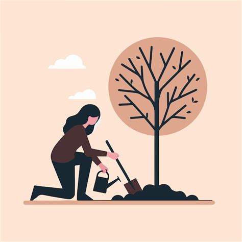 Ilustración de una mujer plantando un árbol en un estilo de diseño