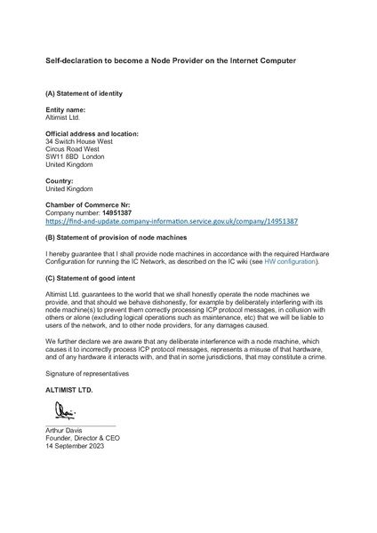 File Altimist Ltd IC Node Provider Self Declaration 14 09 2023 Pdf