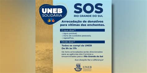 Uneb Lança Campanha Multicampi De Arrecadação De Donativos Para Vítimas