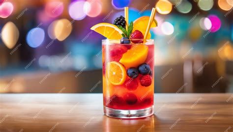 Premium Photo Olorful Mocktail Garnished With Fruit Skewers In A Tall