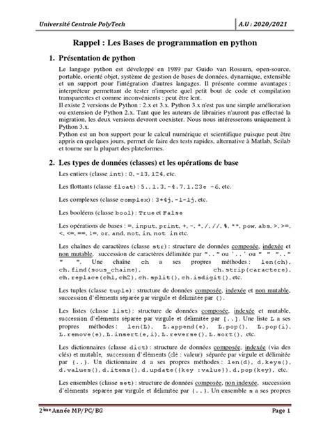 Rappel Les Bases De Programmation Python Pdf Python Langage De