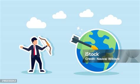 사업가가 활로 지구를 향해 화살을 쏘는 모습은 글로벌 규모의 기업으로 나아가 국제화로 나아가는 것을 목표로 하는 모습을 담고 있습니다 개념에 대한 스톡 벡터 아트 및 기타