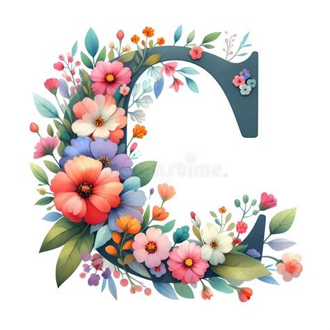 Letter C With Flowers Leaves And Berries Floral Font Stock