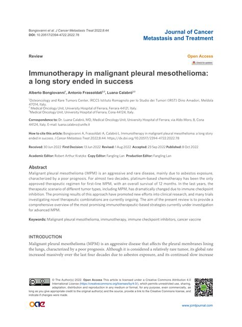 Pdf Immunotherapy In Malignant Pleural Mesothelioma A Long Story