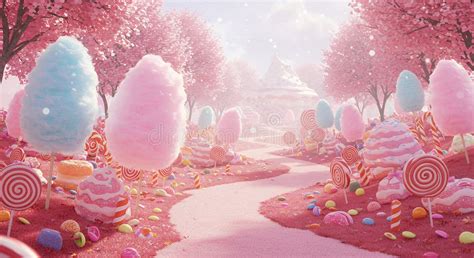 Walking Path Through Pink Candy Land With Cotton Candy Trees Stock Illustration Illustration