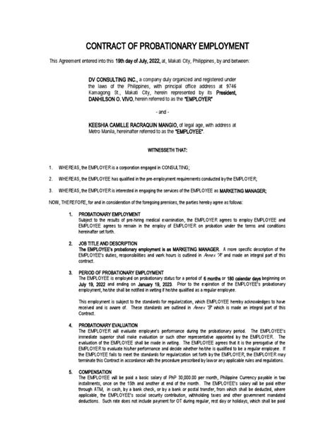 Contract Of Probationary Employment Pdf Employment Overtime