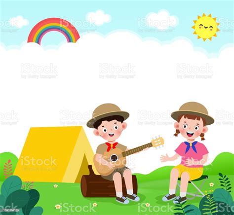 여름 캠프 아이들은 광고 브로셔 포스터에 대한 스카우트 명예 유니폼 배너 템플릿 배경 교육을 착용 캠핑 활동을하는 행복한 아이들