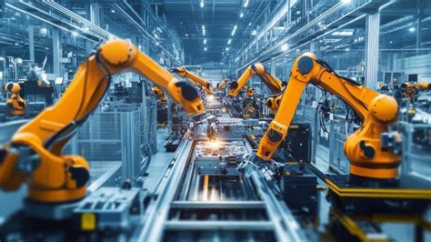 A Factory With Robots On A Conveyor Belt Stock Illustration Illustration Of Manufacture