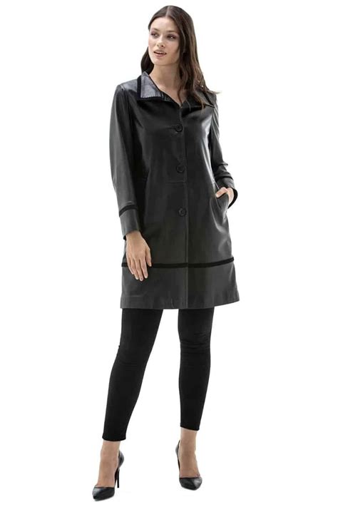 Alisa Womens 100 Real Black Leather Trench Coat