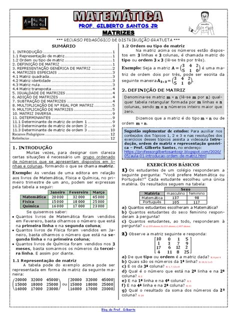 Apostila De Matrizes 12 Páginas 66 Questões Com Gabarito Pdf Pdf