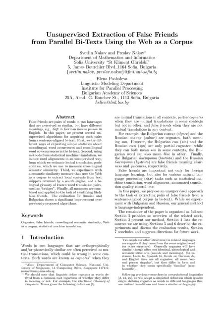 Unsupervised Extraction Of False Friends From Parallel Bi Texts Using