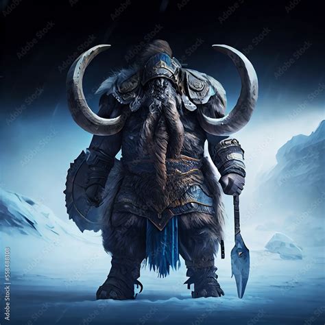 Guy With Mammoth Head Standing On Iceberg Stock Illustration Adobe Stock