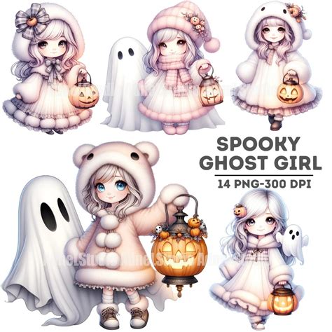 Spooky Ghost Girl Clipart Bundle Cute Halloween Ghost Girl