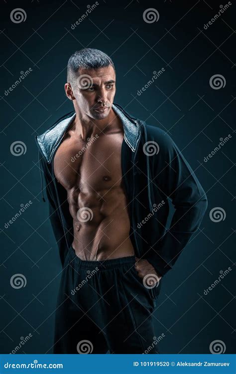 Strong Athletic Man Fitness Model Torso Showing Six Pack Abs Stock
