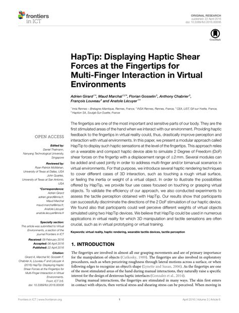 Pdf Haptip Displaying Haptic Shear Forces At The Fingertips For Multi Finger Interaction In