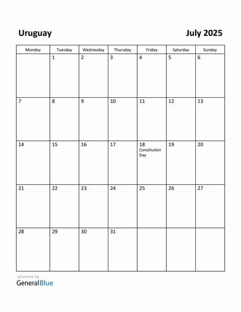 Free Printable July 2025 Calendar For Uruguay