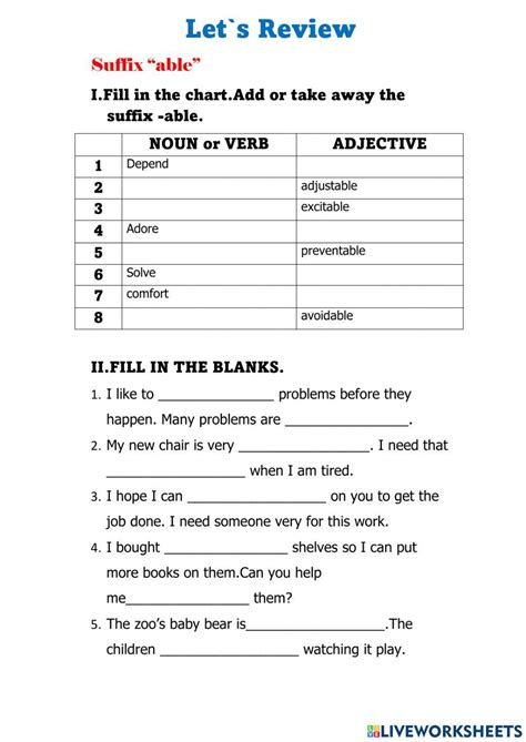 Suffix Able Online Exercise For Live Worksheets