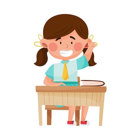 Premium Vector Girl Character Sitting At School Desk Raising Hand To