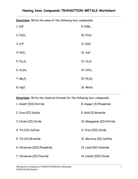 Naming Ionic Compounds With Transition Metals Worksheet Tpt
