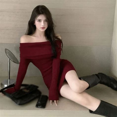 Ytm Off Shoulder Bodycon Dress Tight Fitting Long Sleeved Slim Fitting