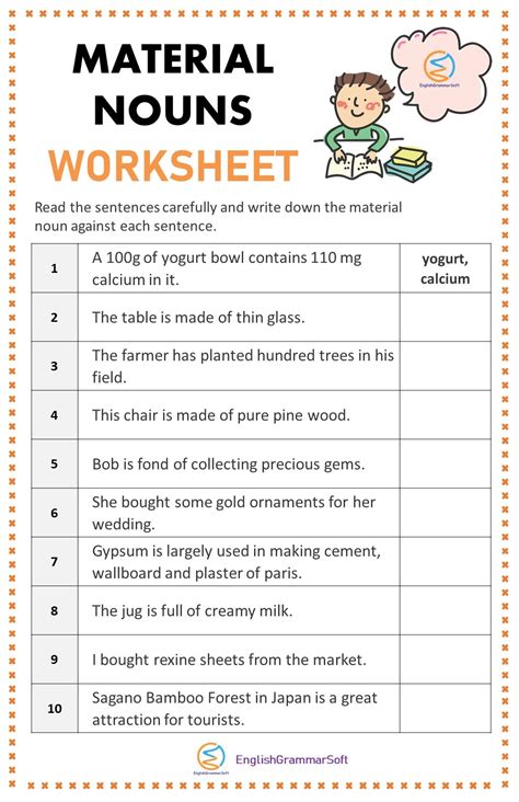 Material Nouns In English Examples Words List A Z Worksheet