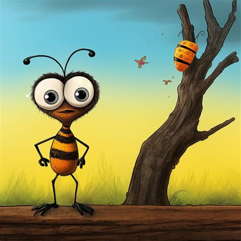 Cartoonish Innocent Bee With Silly Bird Premium Ai Generated Image