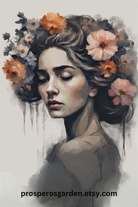Moody Portrait Of Woman With Flowers In Her Hair Printable Feminine Wall Art Head Of Flowers